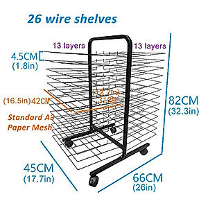 Drying Rack 45 × 66 × 82 cm, Black Metal 26 Wire Shelves Double Sided Mobile Art Drying Rack Stackable Artwork Storage Classroom Painting Drying Shelf for Schools and Art Clubs