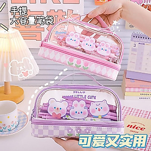 JHTPSLR Large Kawaii Pencil Pouch with Strap Double Layer Pencil Pouch Clear Waterproof Cute Preppy Pencil Case Pen Bags Holder Storage and Organizer (Purple Friends)