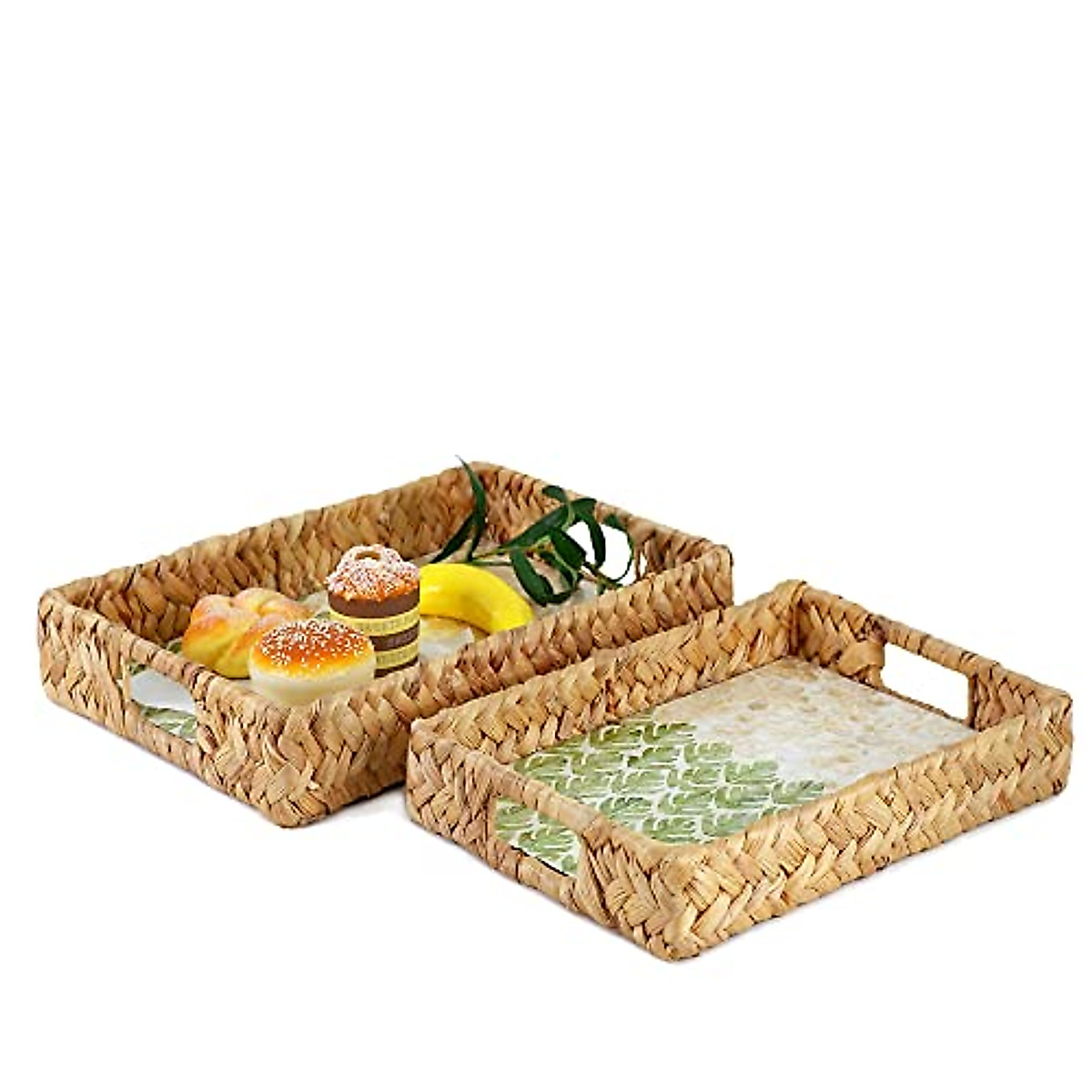 MadeTerra Rectangular Seagrass Tray with Mother of Pearl Inlay Wooden Base Insert Handle, Decorative Nacre Serving Basket for Food, Coffee Table Decor, Decoration, Storage and Display (Set of 2)