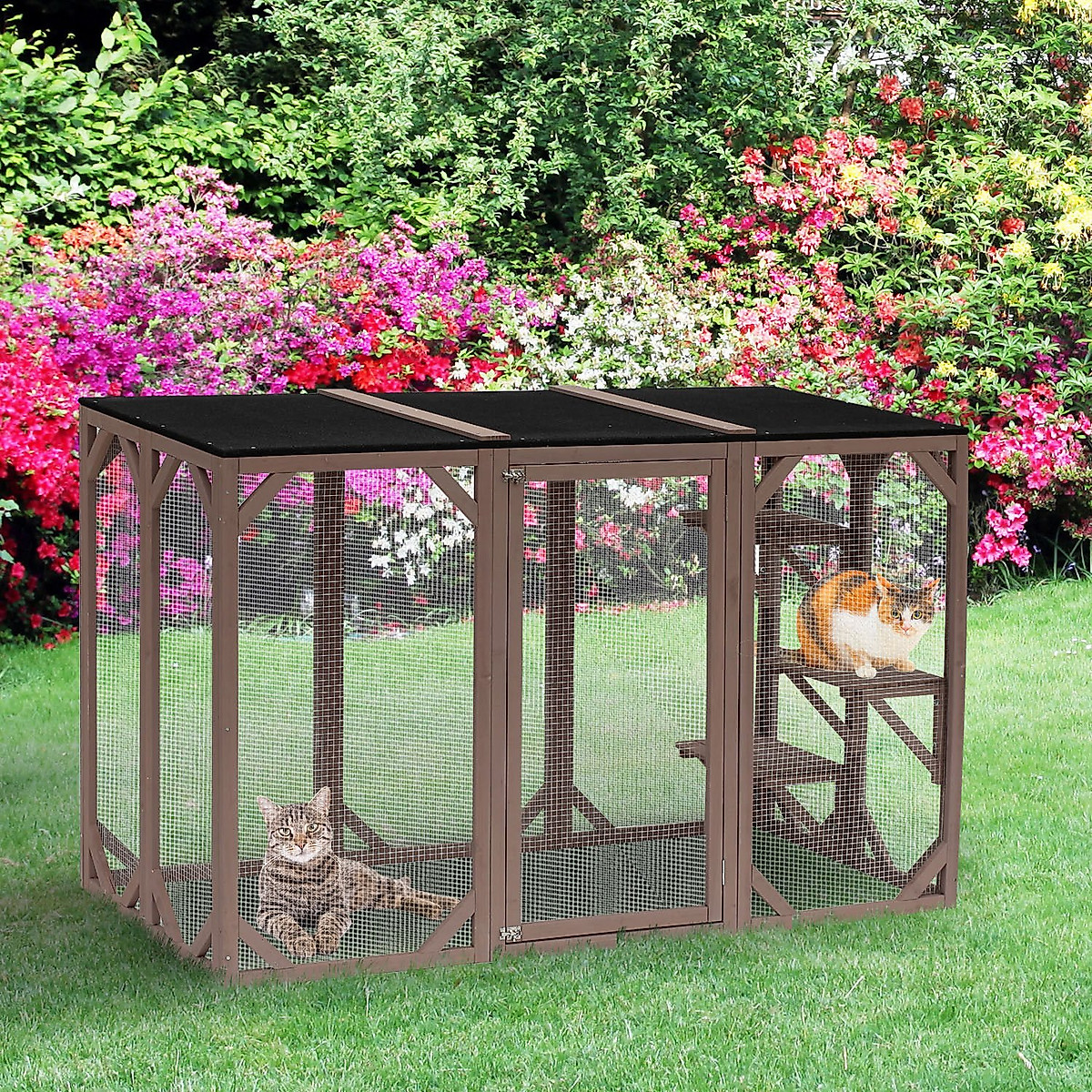 PawHut Outdoor Cat House, Catio Wooden Feral Cat Shelter, Cat Cage with Platforms, Large Enter Door, Weather Protection Asphalt Roof, 71" L, Brown