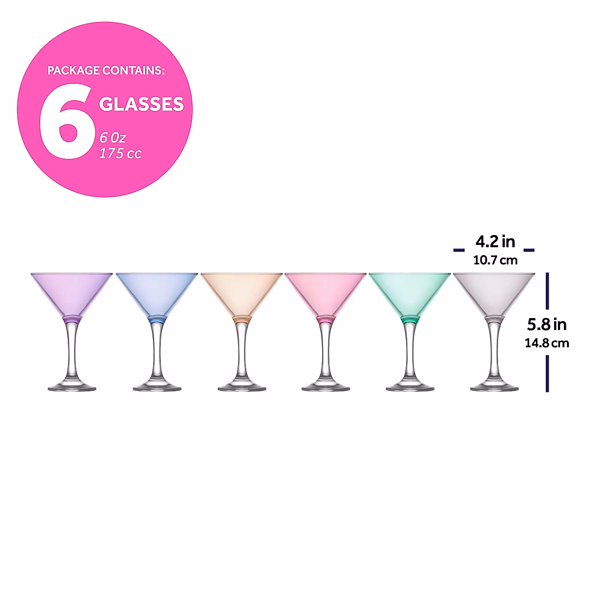 lav Multicolored Martini Glasses Set of 6 - Colorful Martini Cocktail Glass Set - Party Drinkware for Elegant Cocktails - Dishwasher Safe - Made in Europe