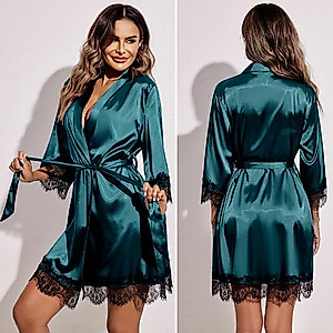 MAXMODA Sexy Pajamas Lace 3 piece Pjs Sets for Women Cami Shorts Lingerie Set with Silk Robe Bridal Sleepwear Dark Green