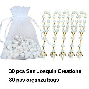 Awtilife 30 Pc San Joaquin Creations Ivory Color and 30 Organza Gift Bags Baptism Favors with Angels Mini Rosaries Gold Plated for Christening Favors Baby Shower