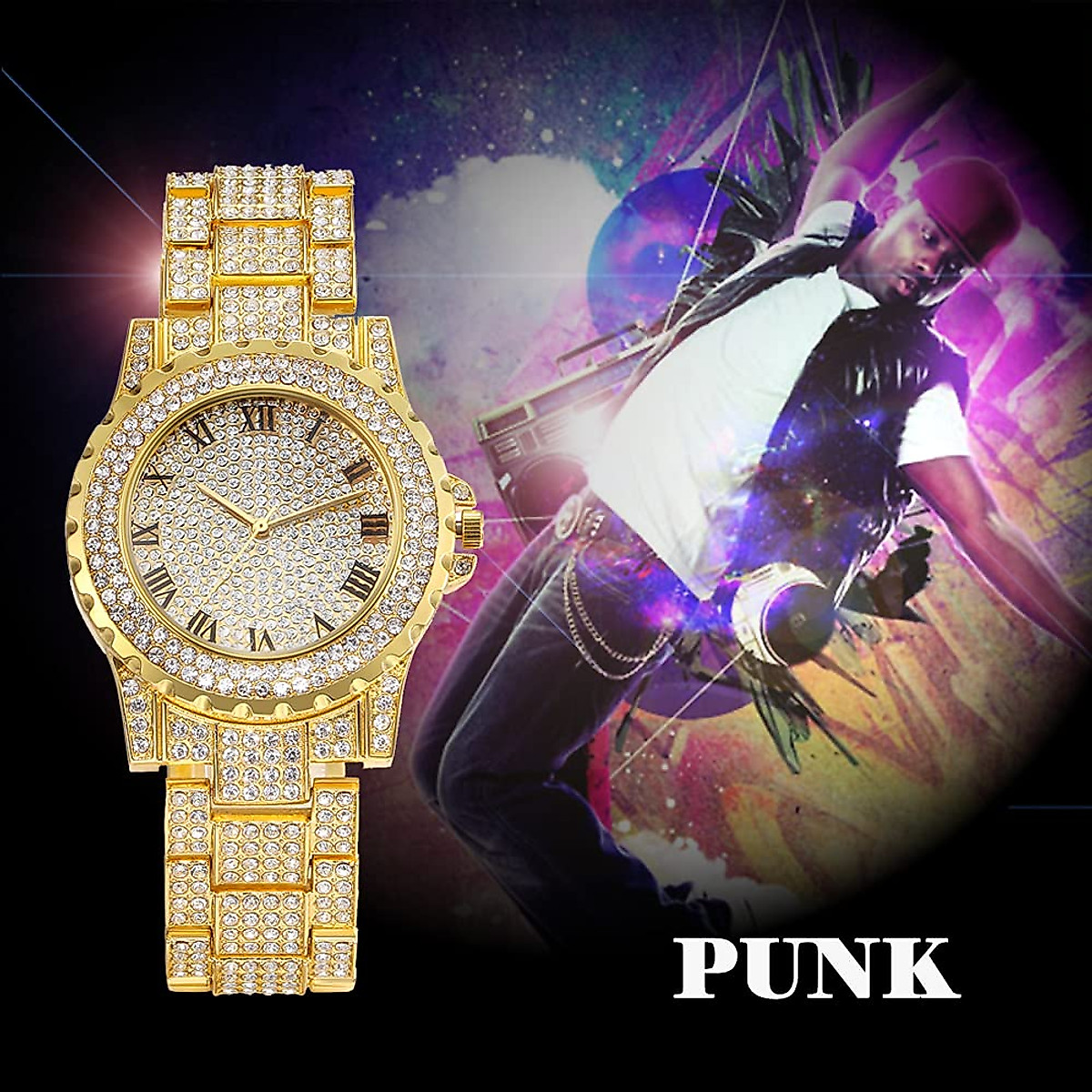 JewelryWe Men Women Watches Stylish Rhinestone Round Quartz Watch Gold Plated Stainless Steel Wristwatch