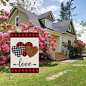 Welcome Valentines Day Garden Flag Vertical Double Sided Buffalo Plaid Leopard Love Hearts Burlap Garden Flag, Valentine's Day Anniversary Wedding Yard Outdoor Decoration 12.5 x 18 Inch
