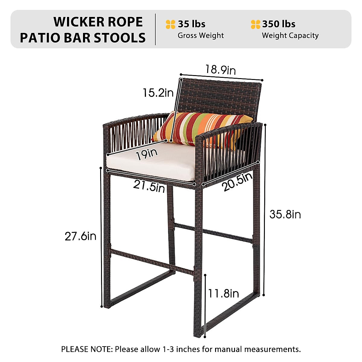 Sundale Outdoor Wicker Bar Stools, Patio Counter Height Brown Rattan Rope Stools with Back Rest, High Chair with Pillow & Beige Cushion, All-Weather Armless Tall Pub Barstool