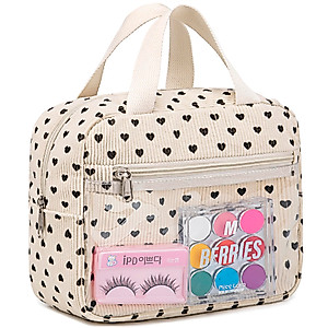 CAMTOP Makeup Bag Women Girls Corduroy Cosmetic Bags Travel Toiletry Purse Zipper Pouch (Black Heart)