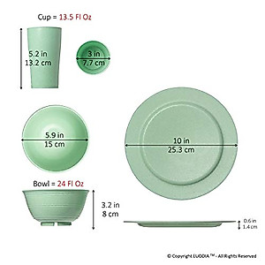 Euodia Wheat Straw Plastic Dinnerware Sets for 6 (Dinner Plates, Bowls & Cups) - Dishwasher & Microwave Safe – Unbreakable Reusable Lightweight Eco Friendly BPA Free – Outdoor Camping Dishes