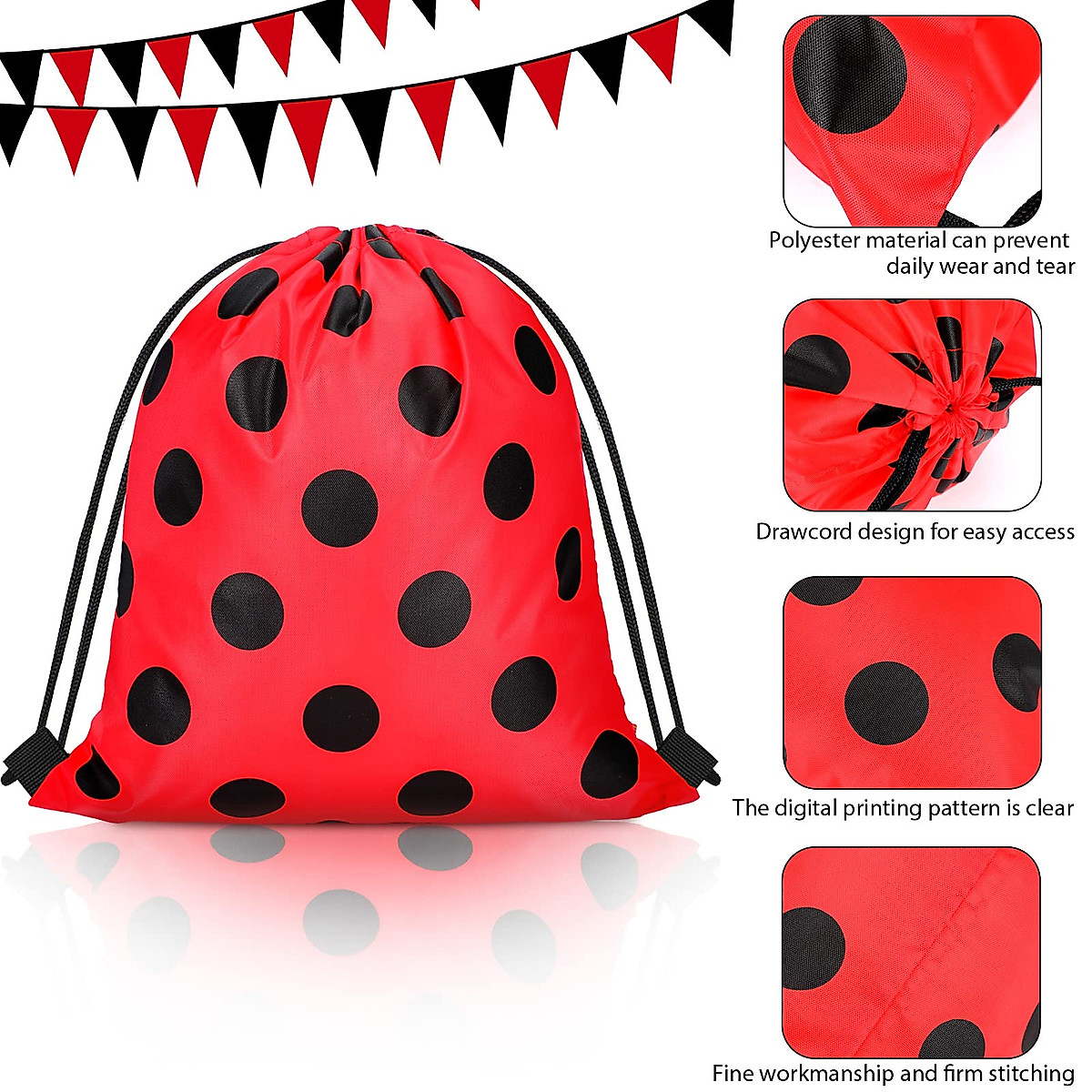 Woanger Ladybug Party Drawstring Bags Ladybug Party Favors Red Black Polka Dots Candy Goodie Gift Bags for Birthday Baby Shower Supplies(16 Pcs)