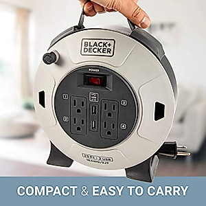 BLACK+DECKER 25 Ft. Retractable Extension Cord Reel With 4 Outlets, 2 USB Ports, Multi-Plug Extension, On/Off Switch & Heavy-Duty 16AWG SJT Cable