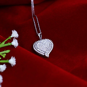 JEWELEXCESS Sterling Silver (.925) or 14K Gold over Silver Heart Necklace with 1.00 Carat White Diamonds | Jewelry for Women with Round & Baguette White Diamonds & 18 inch Rope Chain with Spring Clasp