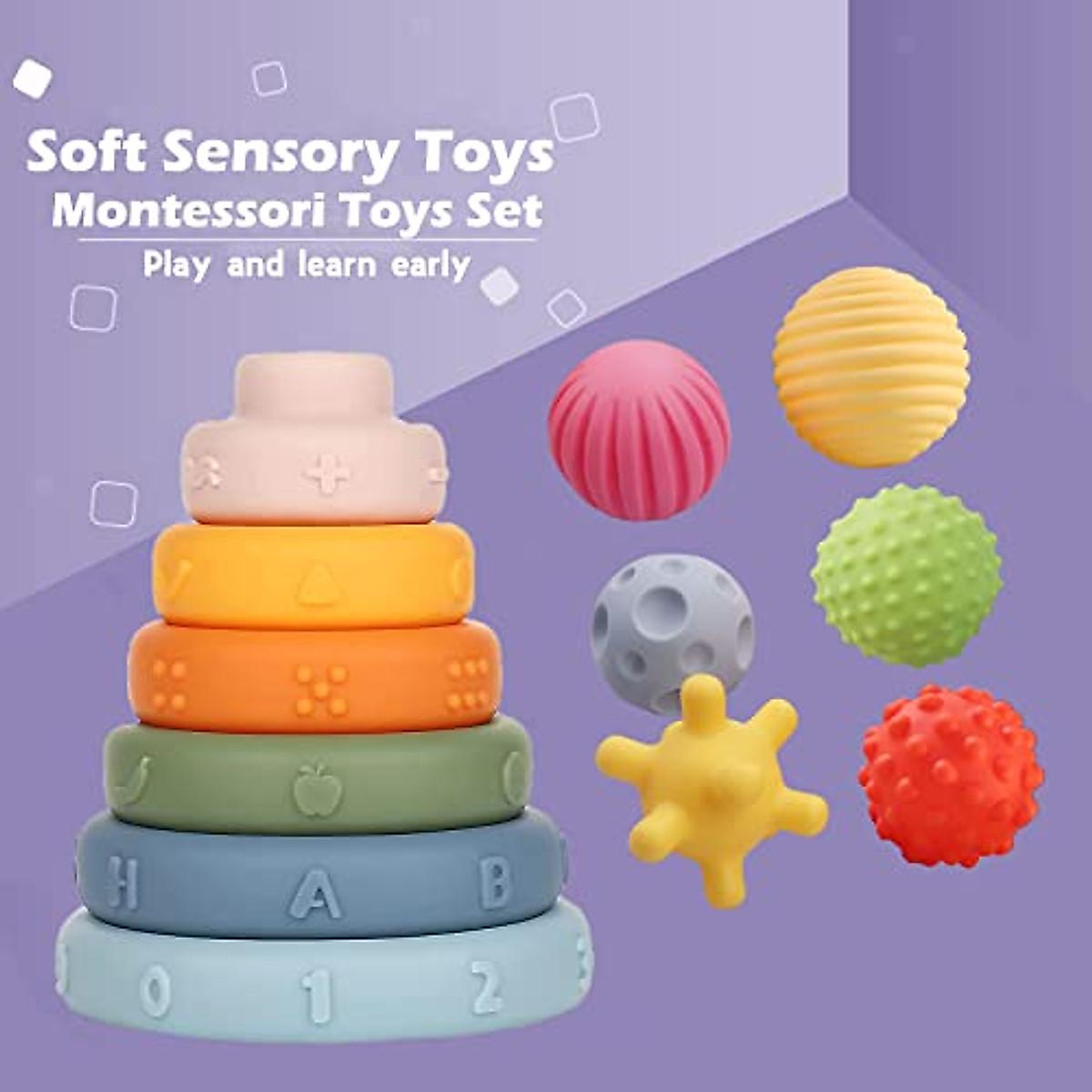 Montessori Toys for Babies Soft Stacking Building Blocks Rings Balls Sets 3 in 1 Soft Baby Toys Bundle for Babies 6-12 Months Sensory Toys for Toddlers 1-3 Teething Bath Toys for Infants Learning Toy
