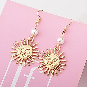 Sterling Silver & Gold Plated 14k Emoji Smile Face Big Sun Charm With Pearl Women Dangle Earrings (Gold)