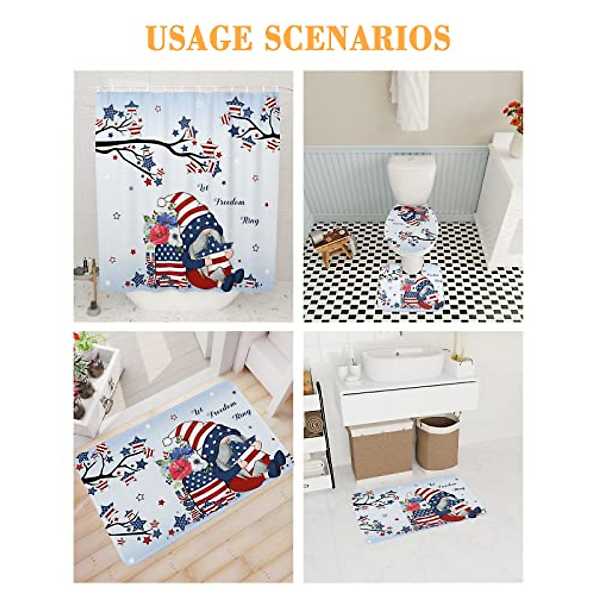 Fourth of July 4 Piece Shower Curtain Sets with Non-Slip Rugs, Toilet Lid Cover and Bath Mat, American Flag Stars Cute Gnomes Patriotic Theme Shower Curtain with 12 Hooks, Durable and Waterproof