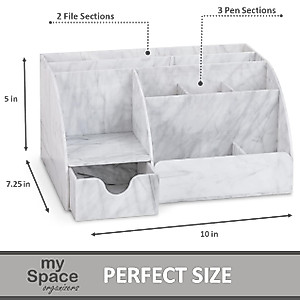 Marble Desk Organizer For Office Supplies And Accessories - 9 Sections - Pencil Pen Holder Storage - Desktop Organization Decor Essentials (White Grey Marble)