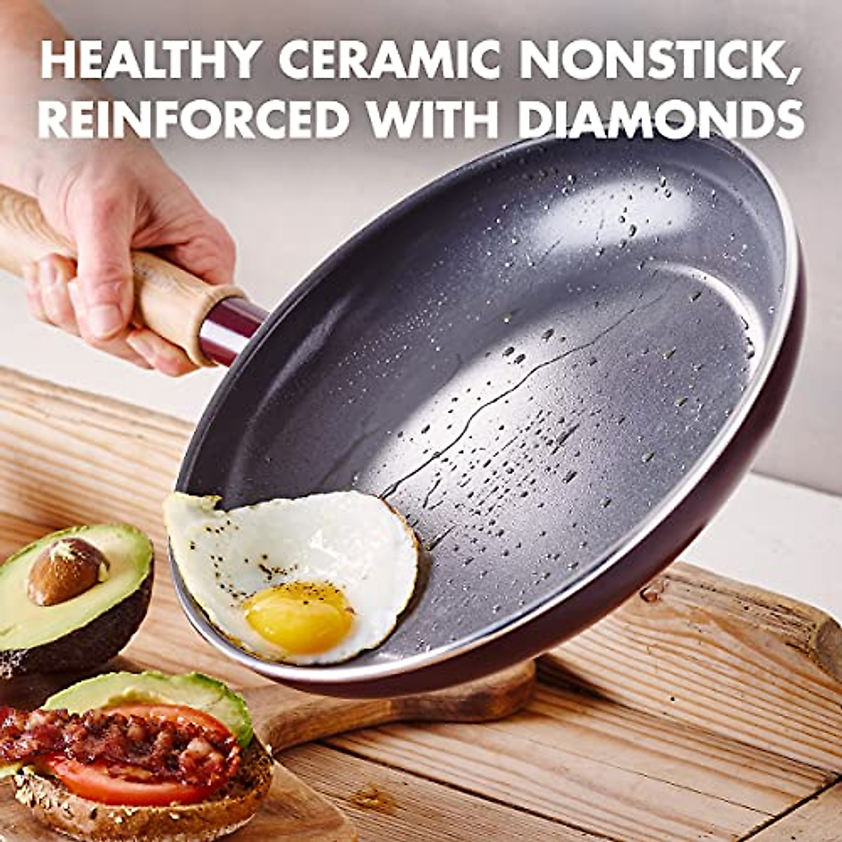 GreenPan Hudson Healthy Ceramic Nonstick, 9.5" and 11" Frying Pan Skillet Set, Vintage Wood Inspired Handle, PFAS-Free, Dishwasher Safe, Merlot Red