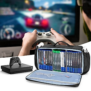 CURMIO Game Disc Storage Bag Holds Up to 24 Discs, Game Disk Travel Case Compatible for PS5/PS4/PS4 Pro/PS3/Xbox One/Xbox 360//Xbox Series X/S, Blue Stripe(Bag Only)