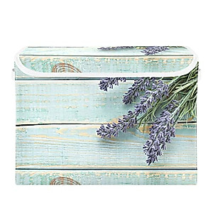 Kigai Lavender on Vintage Teal Wood Storage Baskets 16.5 x 12.6 x 11.8in, Collapsible Storage Boxes with Lids and Handle,Storage Bin for Home Bedroom Closet Office