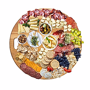 LUX American Oak Wood Diameter 19 inches Oversized Charcuterie Board | Large Cheese Board | Serving Board With Handle for Serving Cheeses, Meats, Crackers, and Wine | Unique Gift (Round Cutting Board)