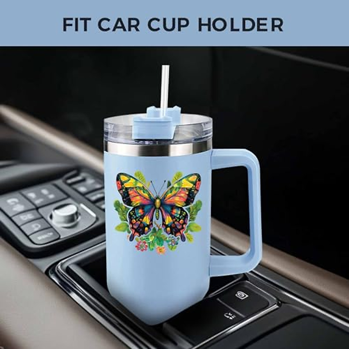 LB LEOBON 40 ounce insulated cup with handle, double-layer vacuum stainless steel material, equipped with straw, can keep warm or maintain cold drinks Butterfly Flowers 2 wathet