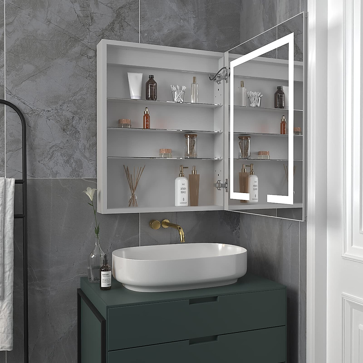 ES-DIY Lighted Medicine Cabinet with Mirror 24 x 30 Inch, Recessed or Surface Mount led Medicine Cabinet, 2 Outlets, Defog, Stepless Dimming,Medicine Cabinet Color Temper 3000K-6400K,Right Hinge