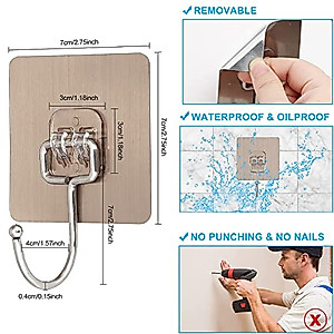 Large Adhesive Hooks 22LB（MAX）,Waterproof and Rustproof Wall Hooks for Hanging Heavy Duty,Stainless Steel Towel Door and Coat Hooks for Kitchen, Bathroom, (10, 2.76*2.76 inch)