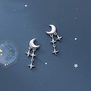 SLUYNZ 925 Sterling Silver Tiny Moon Star Earrings Studs for Women Teen Girls Small Moon Studs Earrings Star Drop (A-Silver)