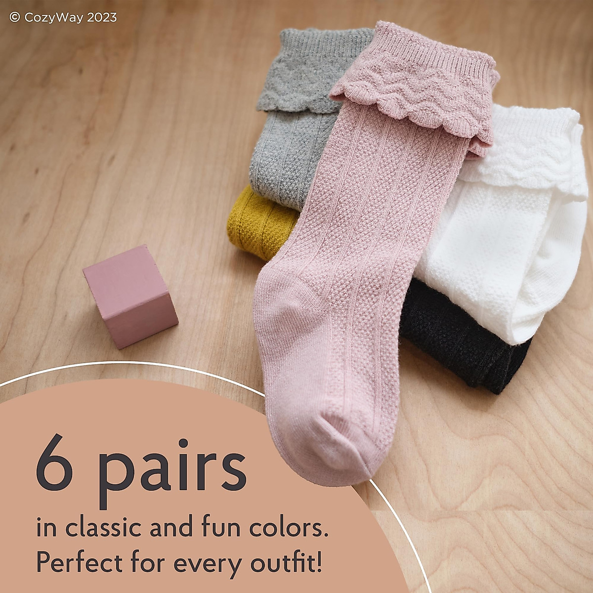 CozyWay Baby & Toddler Knee High Bow Socks, 6 Pack for Girls, White/Gray/Pink/Burgundy/Green/Black, 2-4 Years Old