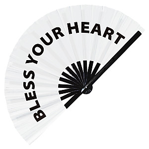 Bless Your Heart Hand Fan Foldable Bamboo Circuit Rave Hand Fans Slang Words Fan Outfit Party Gear Gifts Music Festival Rave Accessories (White)