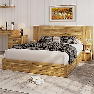 Queen Bed Frame with Rechargeable Nightstand, Wooden Platform Bed with Headboard, Sturdy and Noiseless, No Box Springs Needed, Easy to Assemble, Rustic Wood