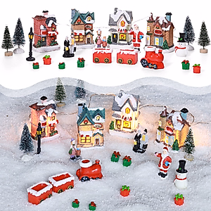 Yerliker Christmas Village Set LED Lights Houses with Figurines Battery Operated TZ0346