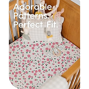 Graco Pack N Play Sheets Fitted, TotBasic Buttery Soft Portable Crib Sheets, Super Stretchy Jersey Cotton Pack and Play Sheet, Mini Crib Sheets Floral, 2 Pack Playard Sheets Cute Flower, Green & Pink
