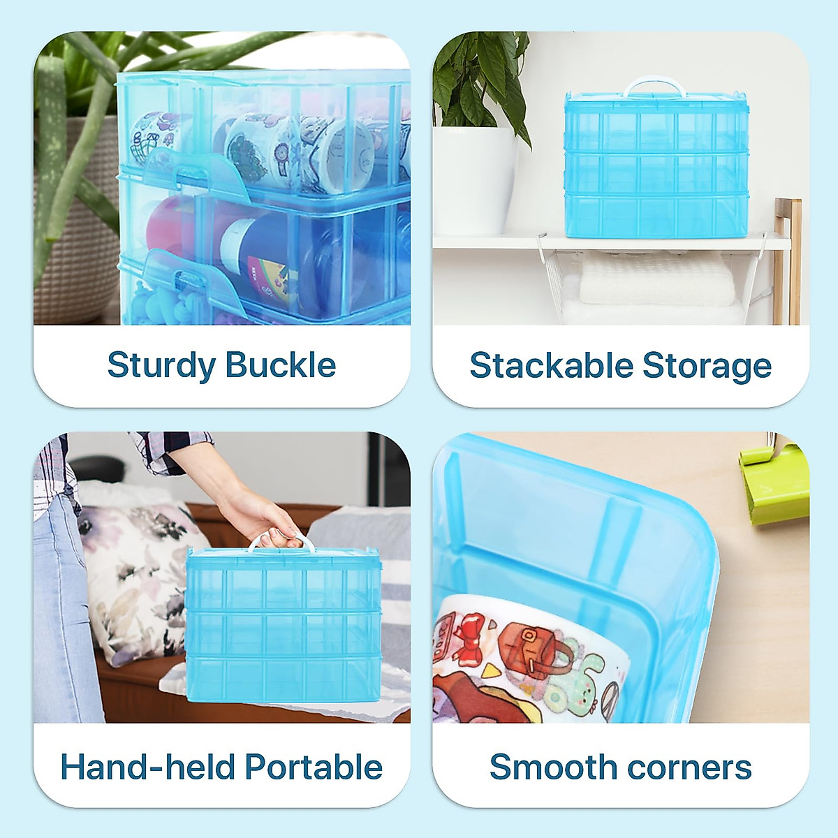 Tavolozza 3-Tier Blue Craft Storage Container, Stackable Organizer Box with 30 Compartments and a Chic Handle,Perfect for Toy,Crafting,Art Supplies,DIY Lovers