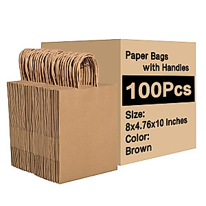 Brothersbox Brown Paper Bags with Handles Bulk 100PCS Kraft Paper Bags, 8 * 4.76 * 10 Inch Medium Craft Paper Gift Bags for Birthday Party Grocery Retail Shopping Business