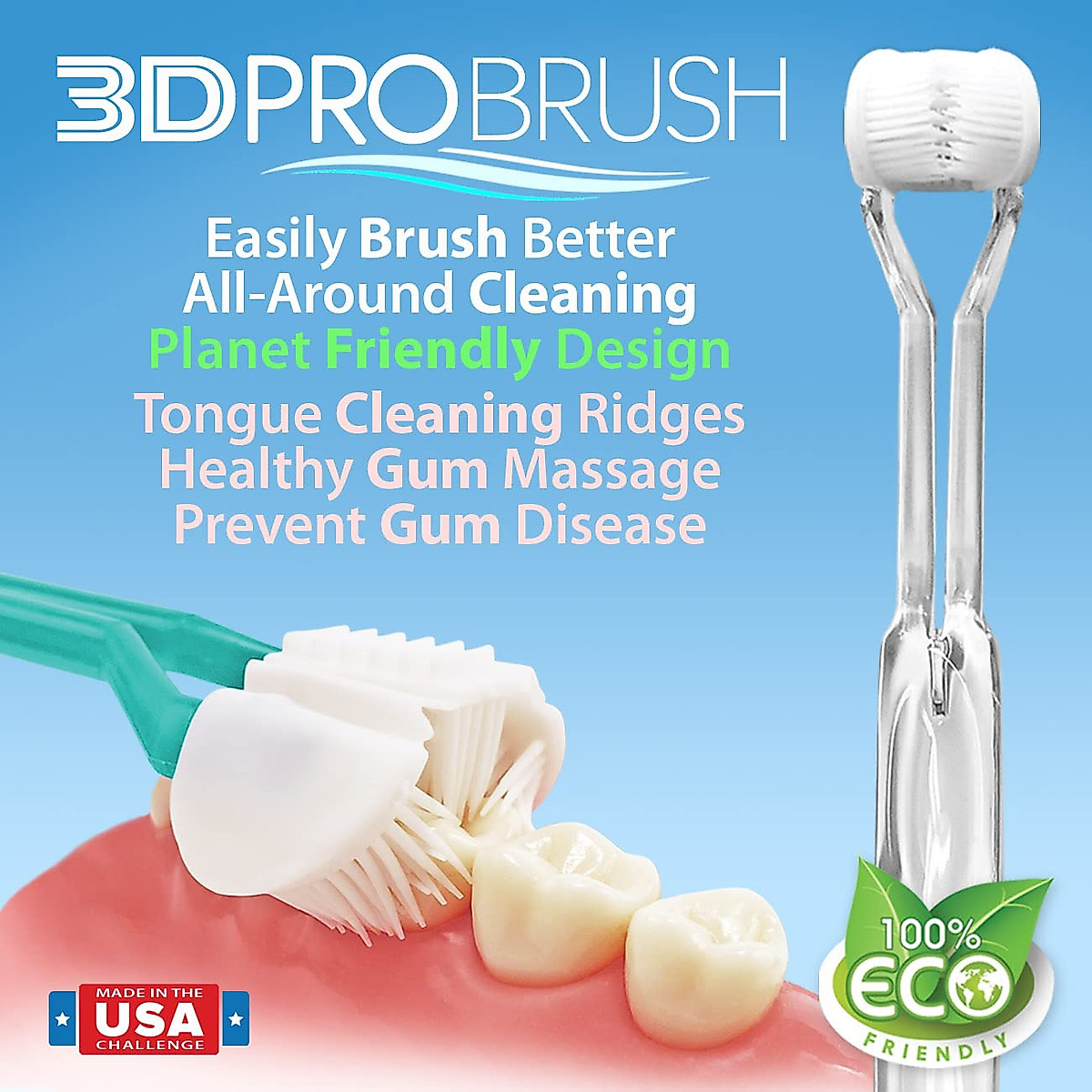 3D PRO BRUSH | 2PK 3-Sided Toothbrush | 3X Triple Clean + Soft Gum Massage | 14-Pack Replacement Heads | Tongue Scraper | Sustainable Eco-Friendly Design | Kids Adults Braces Travel | MADE IN USA