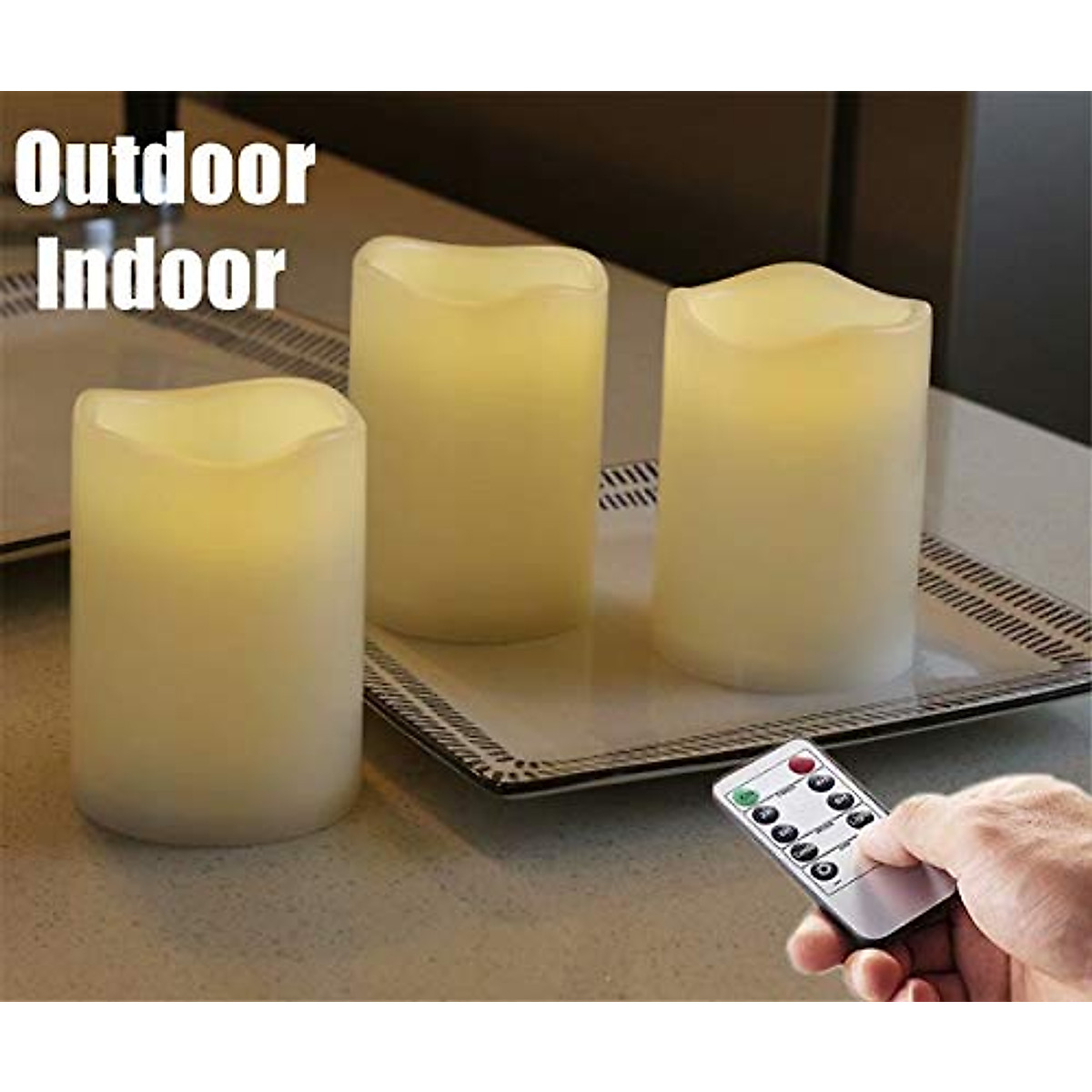 Set of 3 Outdoor IP44 Warm White LED Rainproof Waterproof Flameless Battery LED Pillar Candles with Remote and Timer, Plastic, Won't Melt, Weather Resistant Design 3 x 4", Timer 24hours