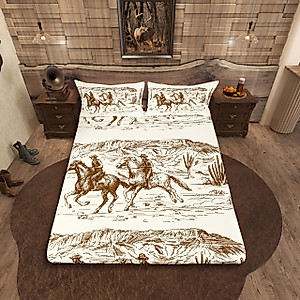 Erosebridal Western Fitted Sheet Queen Size Cowboy Bed Sheets American Wild West Desert Hand Drawn Illustration Bed Set Country Theme Bedroom Decor Sheets for Boys Men Teens(No Top Sheet)