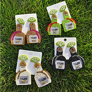 Dvacaman Beaded Earrings Tequila Wine Bottle DIY Handmade Bead Statement Dangle Earrings for Women (Cream)