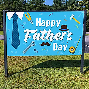 WATINC Happy Father’s Day Backdrop Banner 78” x 45” Extra Large Blue Background Banners Shirt Tie Hat Moustache Polyester Backdrops Party Decorations Photo Booth Prop for Indoor Outdoor