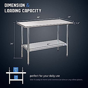 Profeeshaw Stainless Steel Prep Table NSF Commercial Work Table with Undershelf for Kitchen Restaurant 24×48 Inch