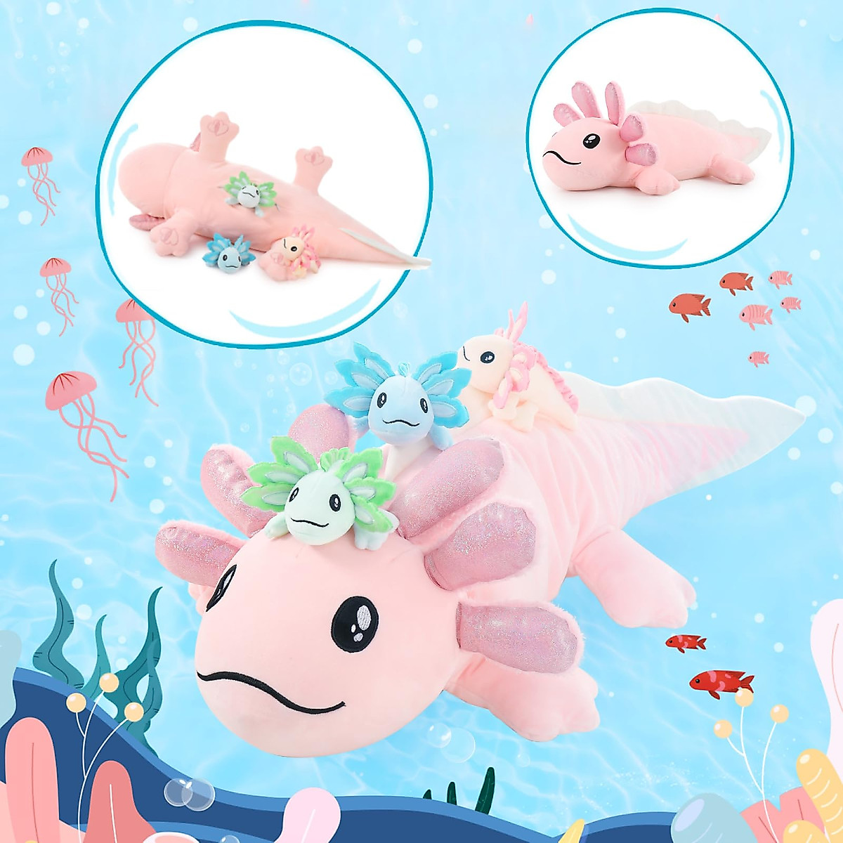 MaoGoLan 4 Pcs Axolotl Plush Stuffed Animal with Babies for Girls,32 inches Large Pink Axolotl Plush Pillow Toy with 3 Baby Axolotls Inside,Long Stuffed Axolotl Pillow Bulk for Axolotl Lover,Boys
