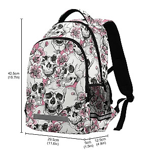 MNSRUU School Backpack with Chest Strap, Halloween Skull Flowers And Pink Cherries Laptop Backpack, Travel Hiking Backpack for Boys Girls, Rucksack, Knapsack