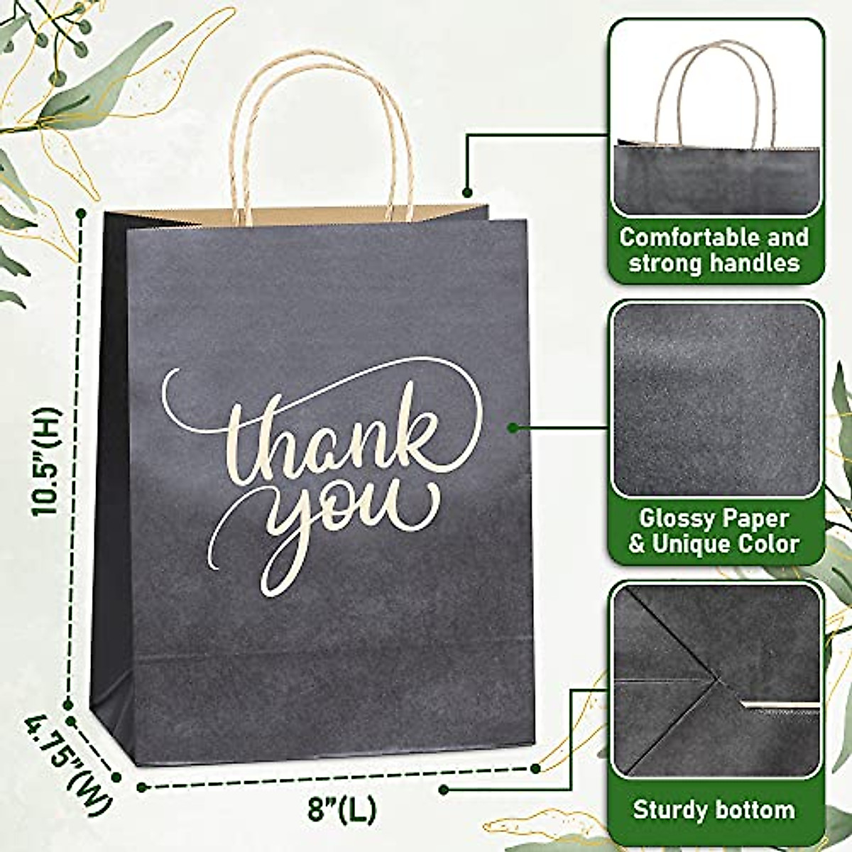 LEAFIPO 50 Pcs Black Paper Bags With Handles Bulk, Thank You Gift Bags Medium Size 8 x 4.75 x 10, Kraft Paper Bags for Small Business, Shopping, Wedding, Party, Retail, Goodies, Wholesales, Boutique