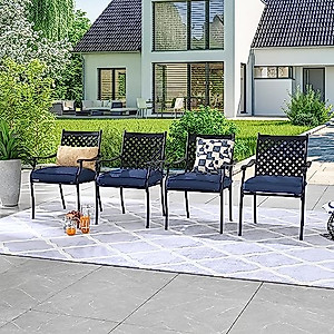 LOKATSE HOME 4 Piece Outdoor Patio Metal Wrought Iron Dining Chair Set with Arms and Seat Cushions - Blue