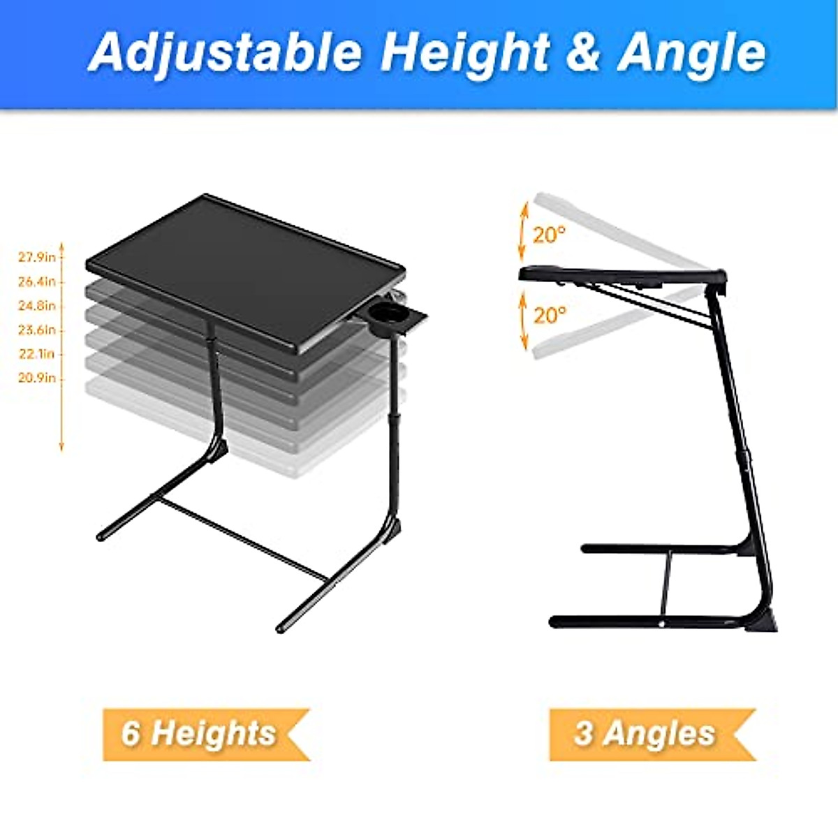TV Tray Table, Allpop Adjustable TV Dinner Tray for Eating, Folding Laptop Table with 6 Heights & 3 Tilt Angles, Cup Holder for Bed & Sofa, Black