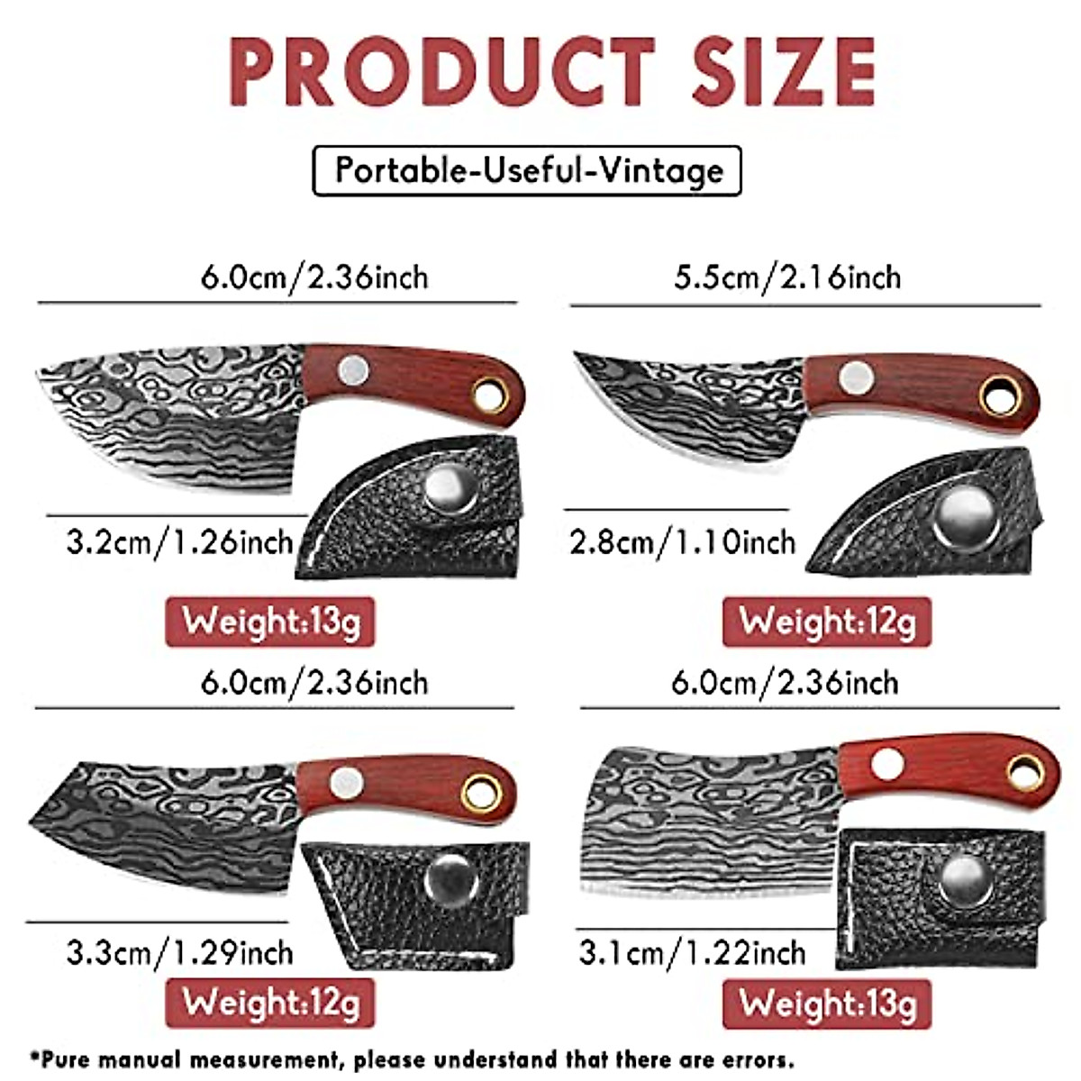 HX-CQHY Mini Knife Set Pocket Knife Damascus Chef Knives EDC Knife Set Tiny Knife Cleaver for Package Opener,Box Cutter,Set of 4,Fathers Day Gifts
