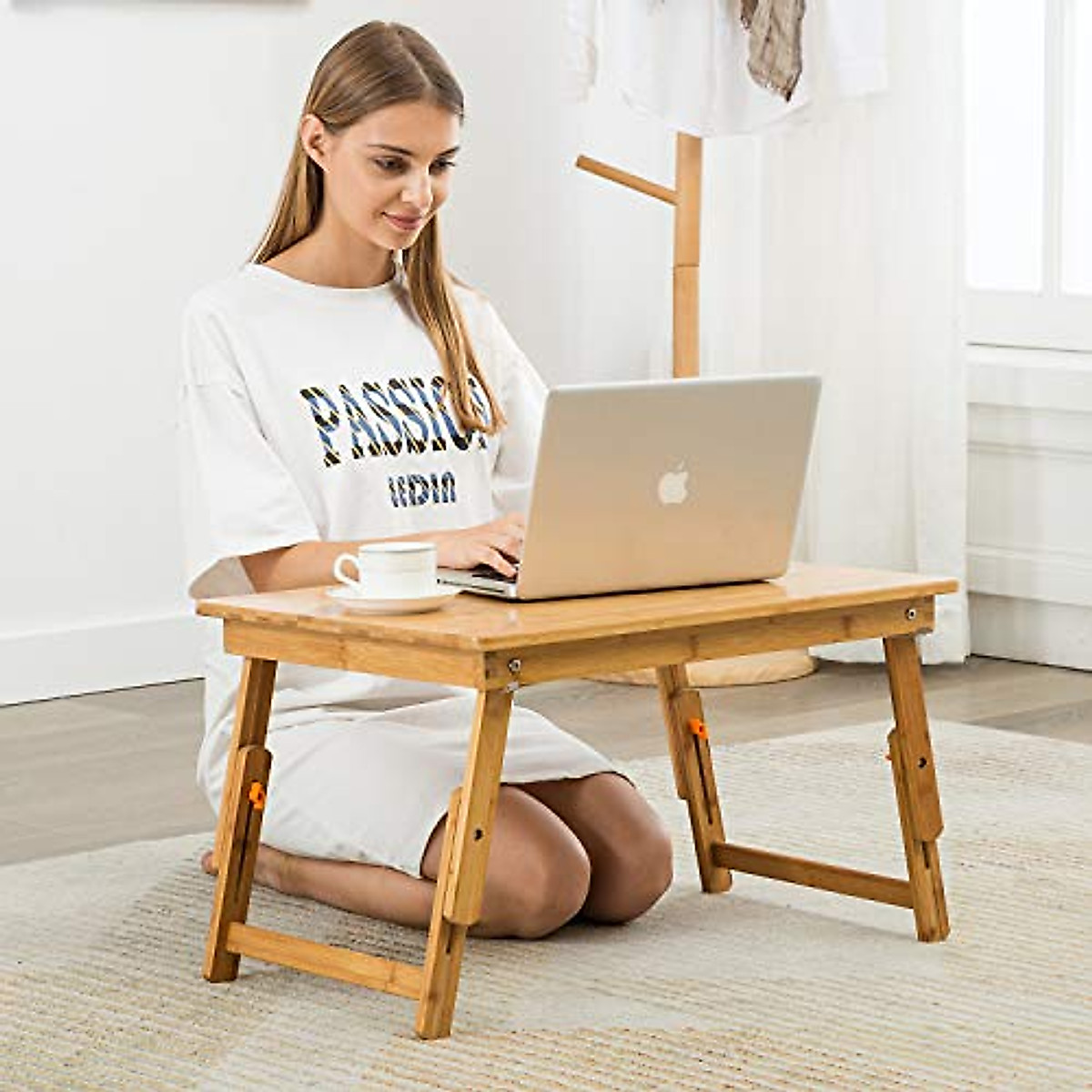 Large Size Laptop Tray Desk Nnewvanet 25.6x17.7in Bamboo Floor Desk Low Table Bed Tray Table,Foldable Adjustable Study Writing Gaming Breakfast Serving Floor Table Support 18in Laptop w' 4 Leg Lock