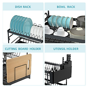 TAIJUELE Dish Drying Rack with Draining Plate, 2-Tier Rust Resistant Draining Rack for Kitchen Counter, Large Capacity Dish Organizer with Extra Drying Rack (Black)