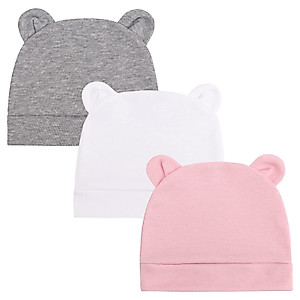 BQUBO Newborn Baby Hats Mittens Set Hospital Hat Beanie Bear Ears Preemie Infant Cotton Caps Gloves No Scratch Mittens for Baby Boys Girls 0-3 Months