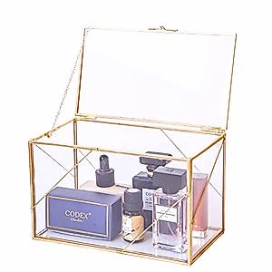 Utopz Decorative Clear Glass Box with Golden Geometric Line & Brass Shadow Box, Jewelry Display Treasure Case, 8 × 4.5 x 5 inch